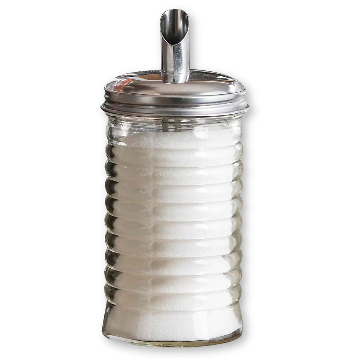 TableCraft HBH860 Beehive Collection Sugar Pourer, 12 oz., 6-5/8"H, Dishwasher Safe, Stainless Steel Pour spout, Glass, Clear
