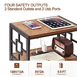 MNEETRUNG End Table with Charging Station, Industrial Side Table with USB Ports and Outlets, Bedside Tables with Door, 3-Tier Nightstand for Small Spaces, Sturdy, for Living Room, Bedroom, Brown