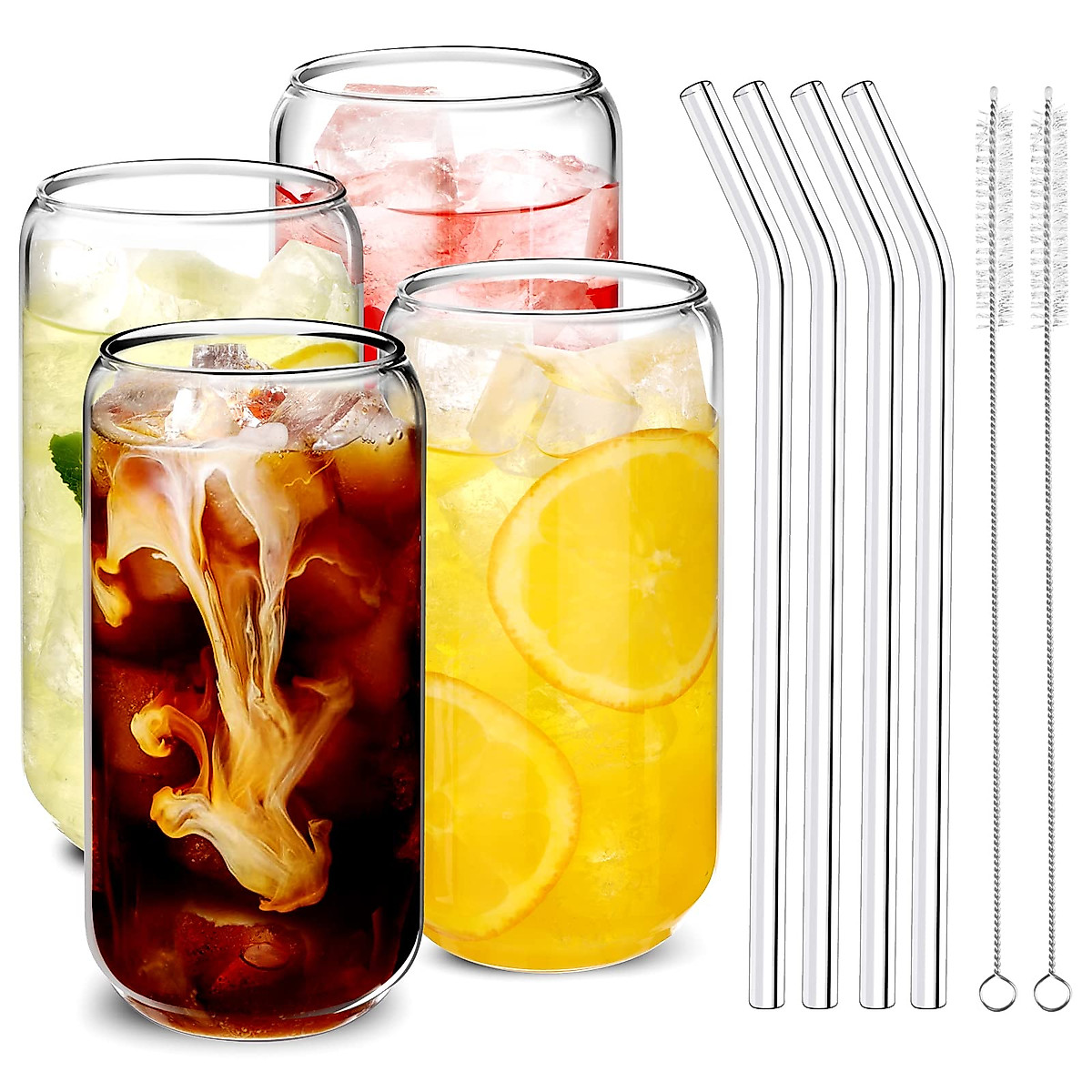 MOHARY Drinking Glasses with Glass Straw 4pcs Set - 16oz Glass Cups, Iced Coffee Glasses, Beer Glasses, Cute Reusable Bottle, Ideal for Whiskey, Cocktail, Tea, Water, Gift - 2 Cleaning Brushes