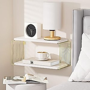 Filano Floating Nightstand White and Gold Wall Mounted Nightstand, Small Bedside Wall Shelves for Bedroom, Wood Floating Bed Side Table/Night Stand 2 Tiers Modern Decor