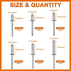 ISPINNER 100pcs 6 Sizes Aluminum Blind Rivets, Pop Rivets Assortment Kit 3/16" x (5/16" 3/8" 1/2" 5/8" 3/4" 1")(Silver)