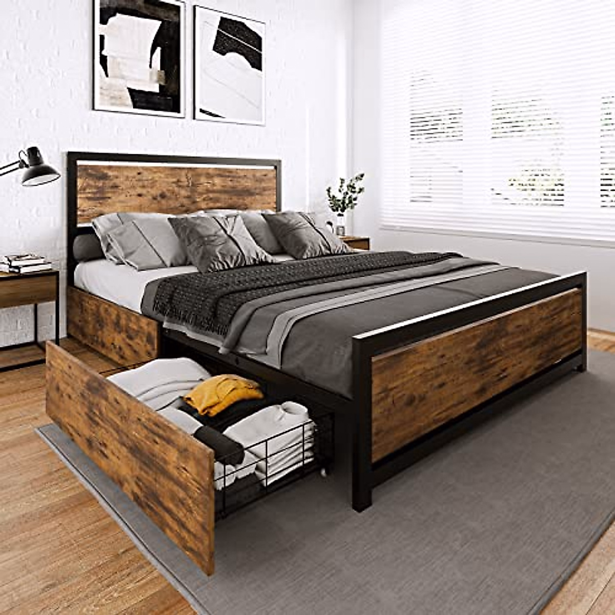 AMERLIFE Queen Bed Frame with 4 XL Storage Drawers, Storage Platform Bed with Wooden Headboard & Footboard, No Box Spring Needed, (BT-829Q)