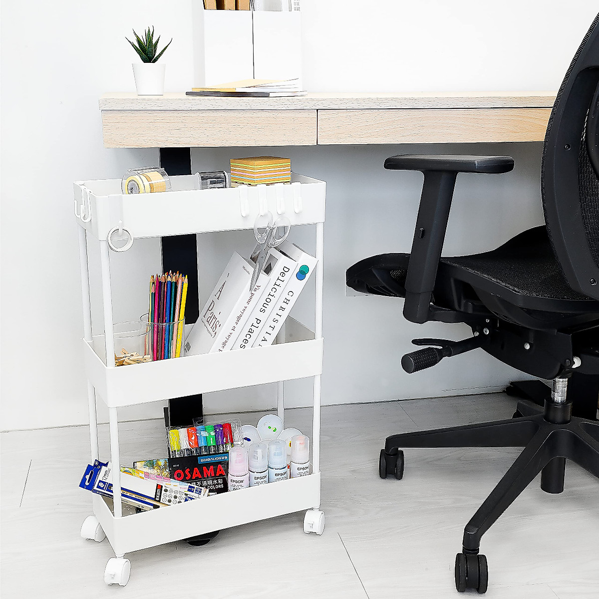 CAXXA 3 Tier Slim Mobile Utility Cart Rolling Cart ,Plastic Basket Storage Organizer, for Kitchen Laundry Bathroom Living Room Narrow Place Slide Out Storage Cart with Casters (White, 15.75Lx7W)