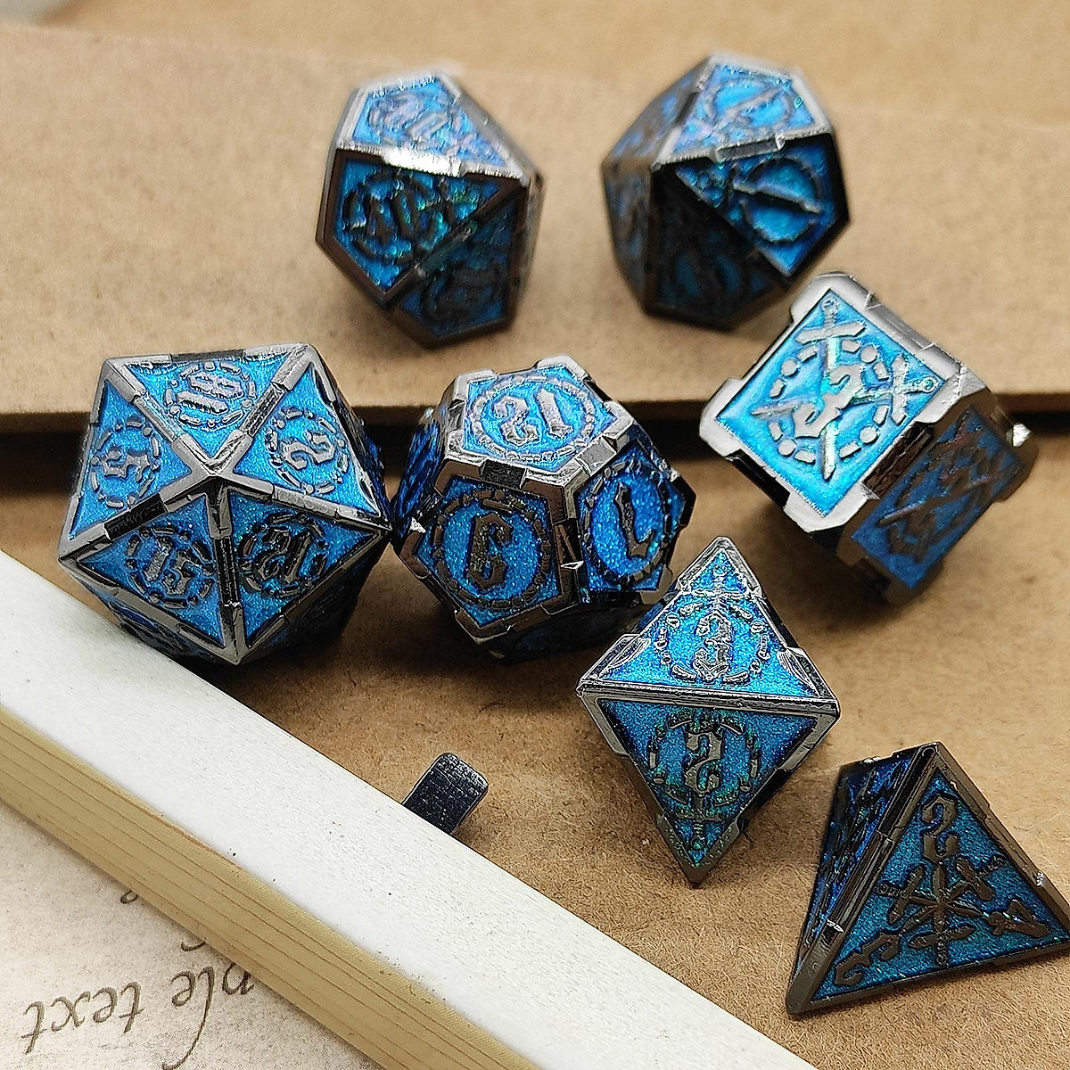 Metal DND Dice Set D&D Dungeons and Dragons Sword Dice Gift D20 Polyhedron Suitable for Rolling RPG MTG Pathfinder Board Game Accessories Free Velvet Bag-Black Nickel Glitter Blue