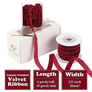 HUIHUANG Red Velvet Ribbon 3/8" Crushed Velvet Ribbon for Christmas Tree Ornaments, Gift Wrapping, Wreath Decoration, Invitations, Holiday Home Decor, Bows -10 Yards