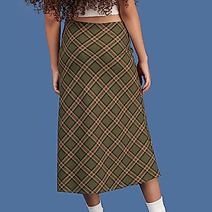Bravetoshop Womens Vintage Bohemian Print Plaid High Waist Midi Skirt Y2K Streetwear E-Girl Slim Fit A-Line Skirt (Army Green,M)