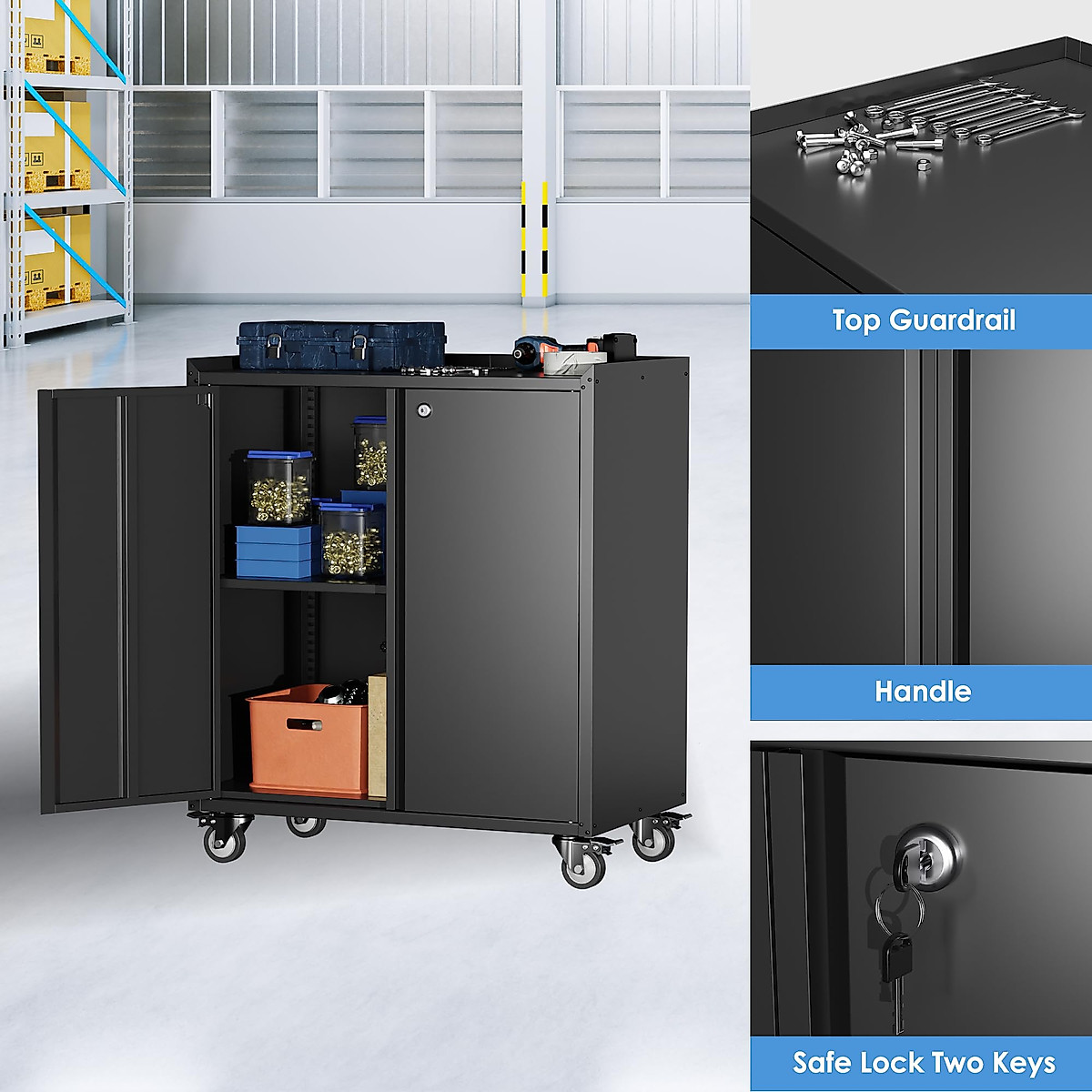 JAORD Metal Storage Cabinet on Wheels, Tool Cabinets for Garage, Garage Rolling Cabinet, Roling Garage Storage Cabinet, Lockable Storage Cabinet with Wheels for Home, Office, Assembly Required (Black)