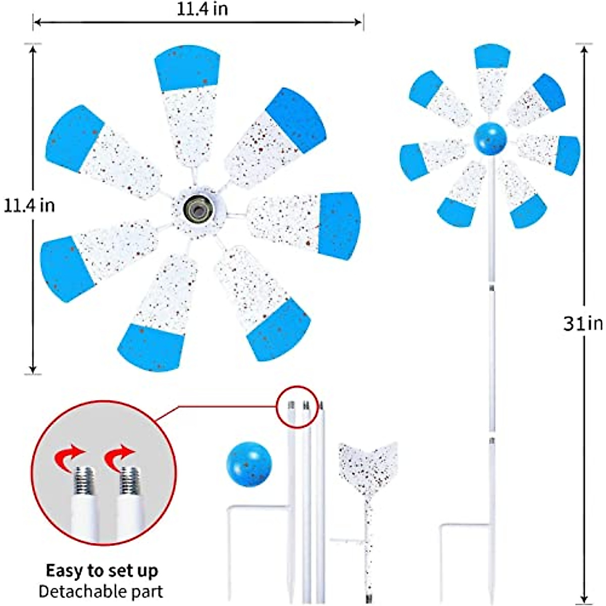 YYWMWM Wind Spinner 31" Large Vertical Windmill Metal Sculpture Garden Decoration Lawn Ornaments Yard Art Decor Outdoor Pinwheel for Patio (Blue/RED)