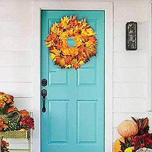 MorTime Thanksgiving Wreath with LED Lights Pumpkin Pinecones Red Berries Maple Leaves, 17" Harvest Day Themed Hanging Silk Fall Door Wreath Welcome Sign for Garden Gate Home Thanksgiving Decorations