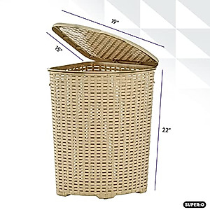 Superio Corner Laundry Hamper Basket With Lid 50 Liter, Beige Wicker Hamper - Durable, Lightweight Bin With Cutout Handles, Storage Dirty Cloths, Space Saver Curved Shape Design