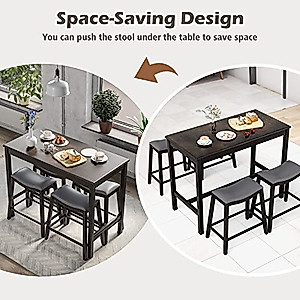 Giantex Dining Table Set for 4, Kitchen Counter Height Table w/ 4 Stools, 5 Piece Bistro Table Set, Rubber Wood Pub Dinette Set w/Upholstered Stools, Space-Saving Table Set for Small Spaces (Black)
