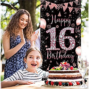 GYA Pink Happy 16th Birthday Door Banner 3x6ft Girl Sweet 16th Diamond Door Cover Banner Glitter Balloon Rose Gold Party backdrop Poster Porch Sign Decor
