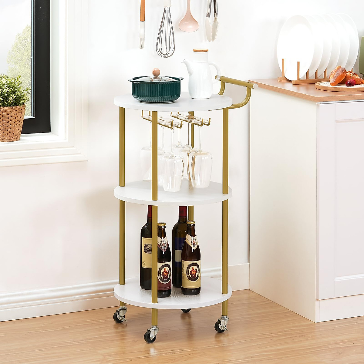 HOOBRO Bar Cart Gold, Home Bar Serving Cart, Rolling Beverage Cart with Wine Rack and Glass Holder, 3-Tier Wine Cart for Kitchen, Dining Room, Living Room, Parties, Gold and White WD31TC01