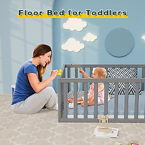 Zevemomo Twin Size Floor Bed for Kids & Children, Twin Montessori Floor Beds with Safety Guardrails and Door, Wood Beds for Kids & Childrens, Boys and Girls, Easy Assembly(Grey)