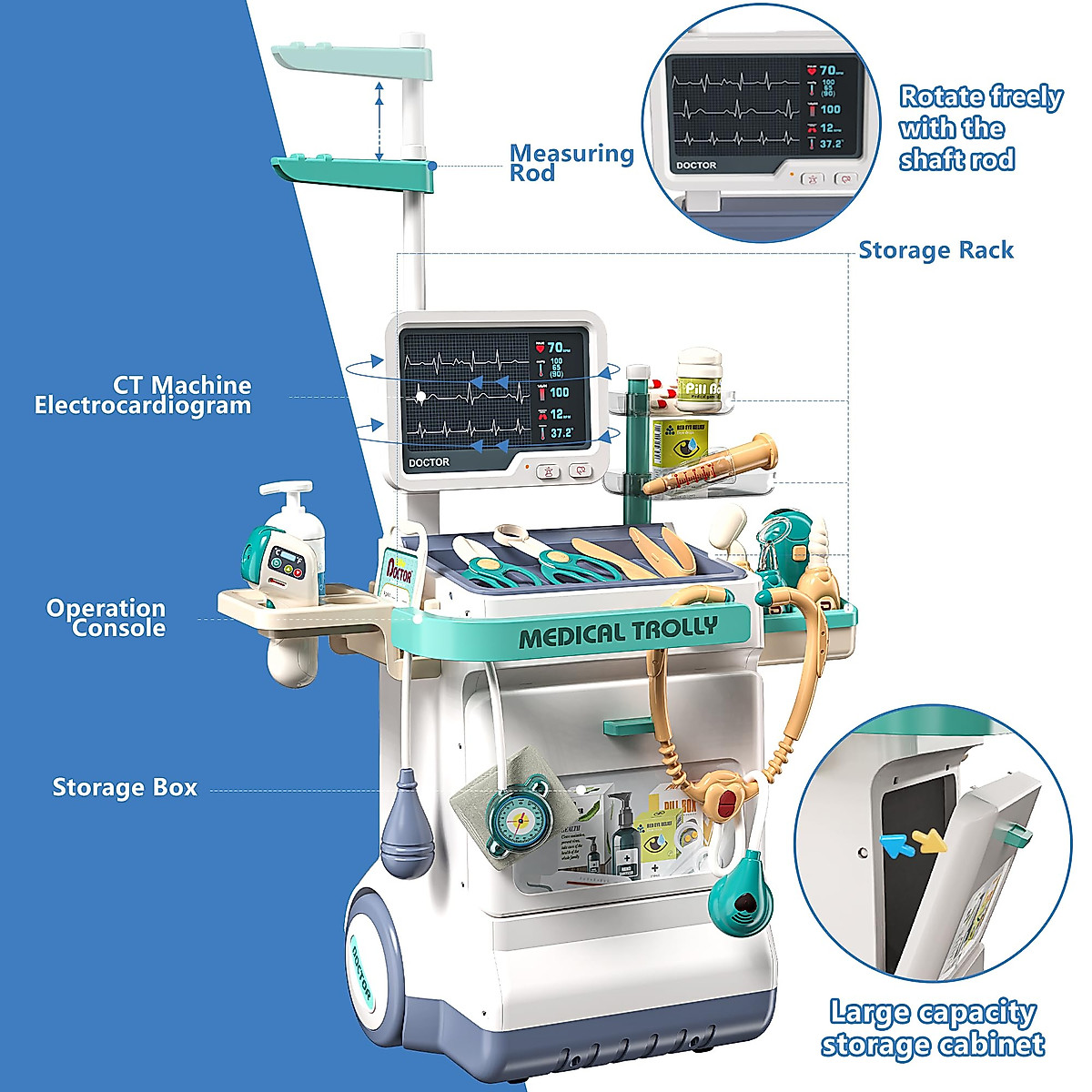 YGLOLRAME Doctor Kit for Kids 3-5 Years Old - 26 Piece Pretend Play Toys Toddler Mobile Medical Cart with Sound and Light Functions Veterinarian/Dentist Kit Perfect for Toddlers 3-5 Birthday Gift