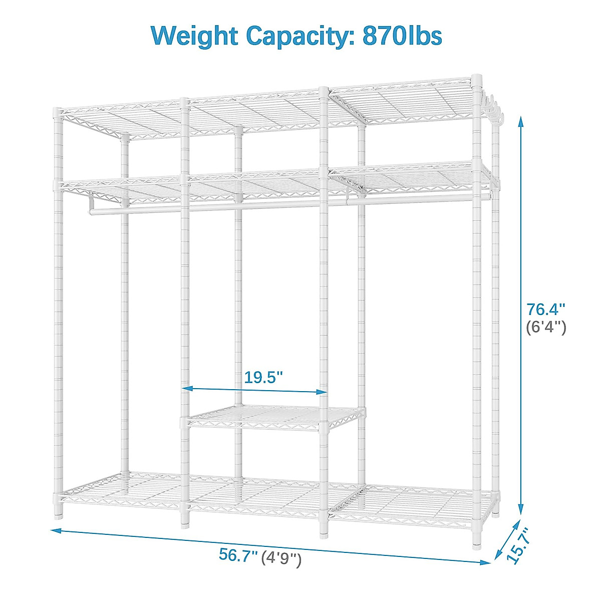 VIPEK V30 Heavy Duty Clothes Rack with 7 Adjustable Shelves & 2 Hang Rods, Portable Closet Rack, Metal Clothing Rack, Freestanding Wardrobe Closet for Hanging Clothes, Max Load 870lbs