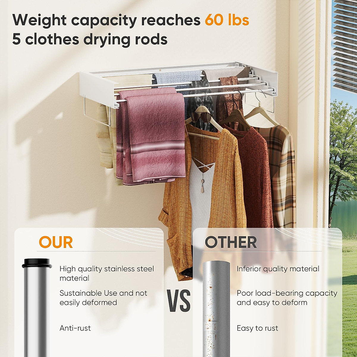 Wall Mounted Drying Rack, Laundry Clothes Drying Rack Foldable, Collapsible Drying Rack Clothing Wall Mount with 2 Towel Handles and Wall Template for Indoor Outdoor Hanging Clothes, 5 Rods, 31.5 Inch