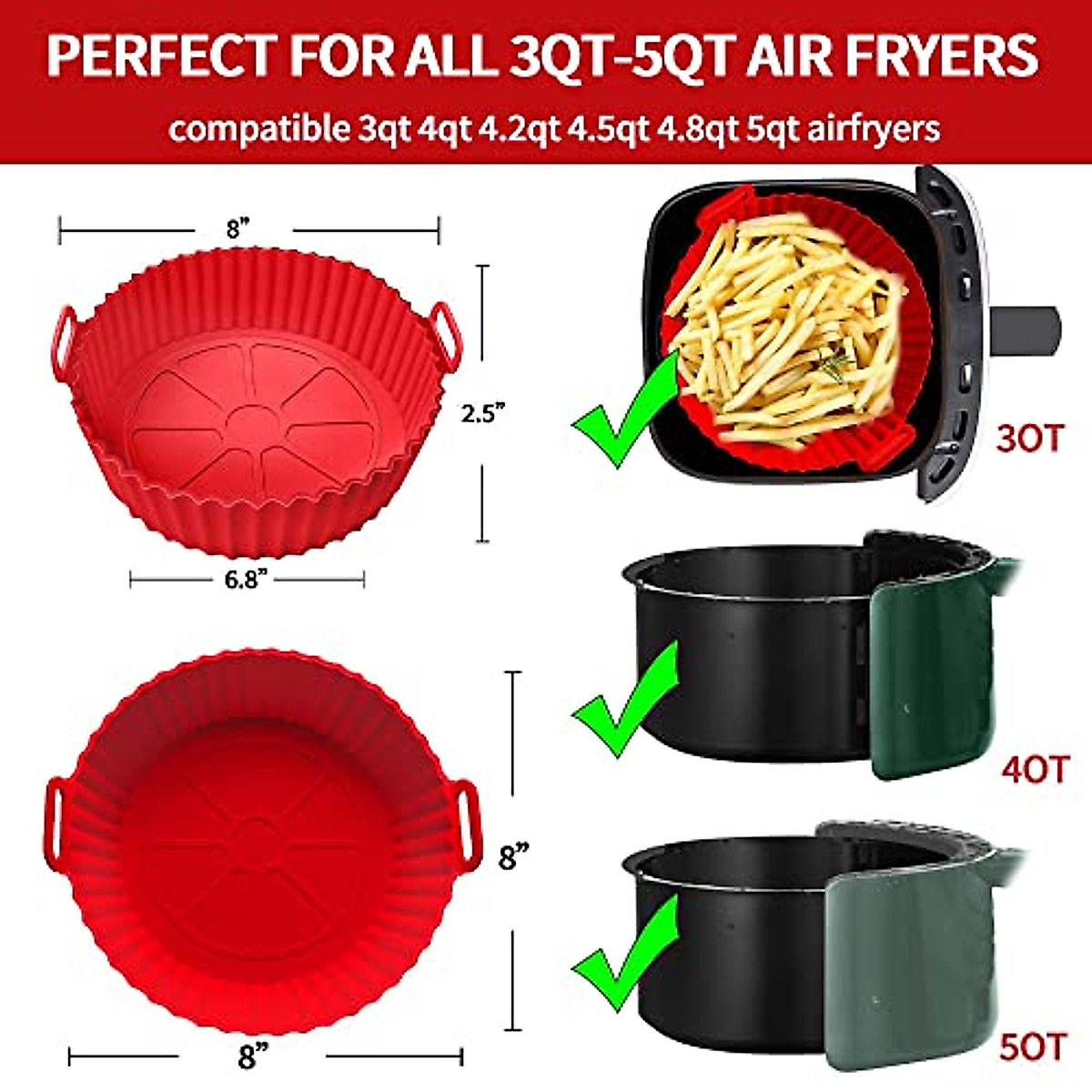 UOUYOO Air Fryer Silicone Liners,2 pack Air Fryer Silicone Pot Fits 3QT 4QT 5QT Air Fryer,Reusable Non Stick Air fryers Basket Oven Accessories, Replacement of Flammable Parchment Liner Paper