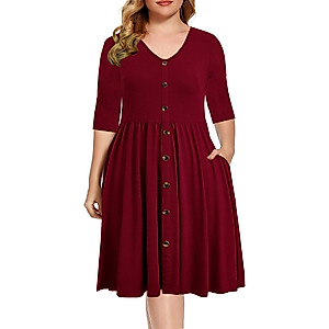 BEDOAR Plus size 3/4 Sleeve Christmas Red Dresses Button Swing Knee Length Daily Dresses(B004Burgundy, 14W)