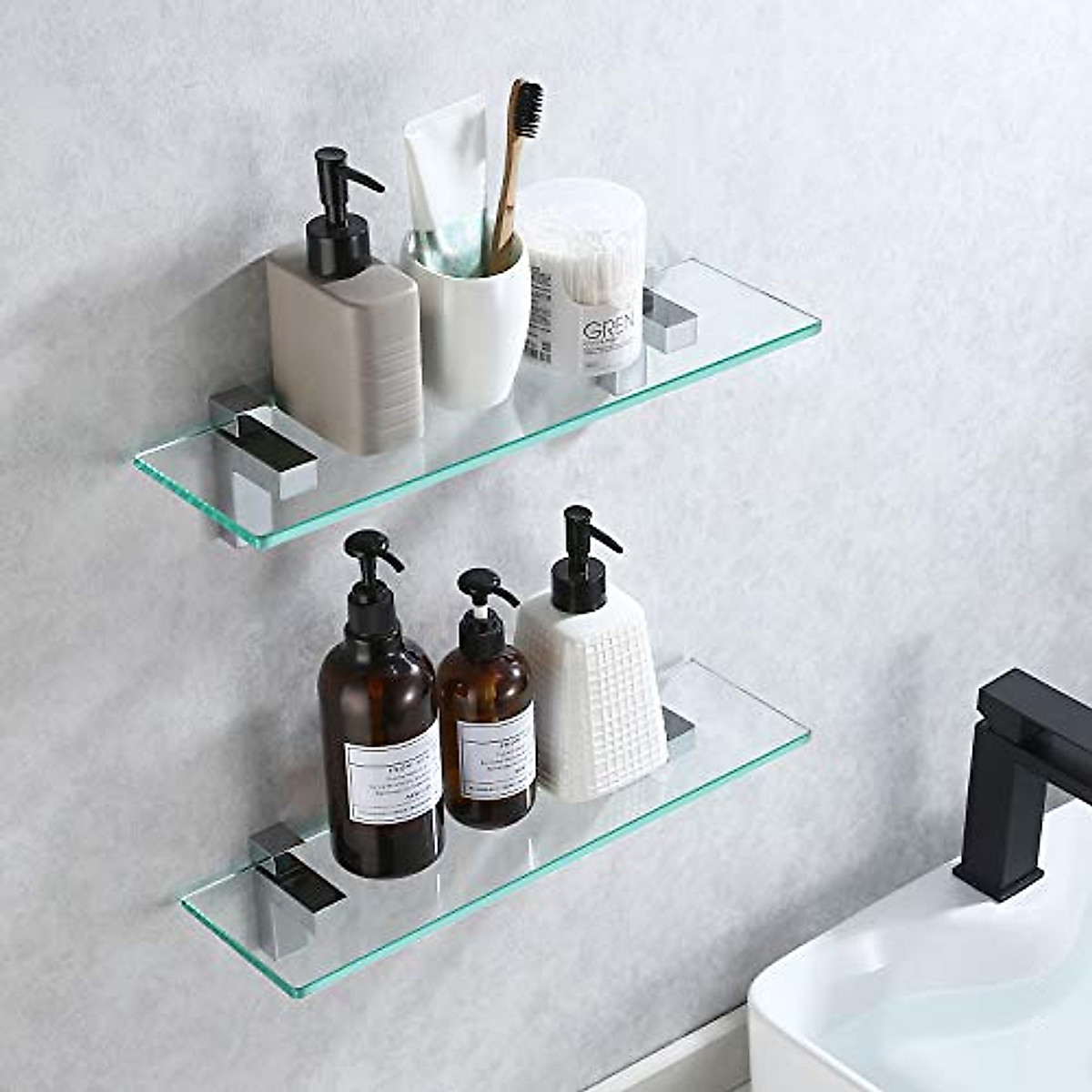 KES Glass Shelves for Bathroom, 15.8-Inch Bathroom Shelf with Rectangle Tempered Glass and Polished Chrome Bracket Wall Mount 2 Pack, BGS3201S40-P2