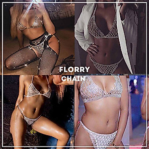 Florry Sexy Rhinestone Bra Body Chains Bikini Set Sparkly Crystal Mesh Underwear Body Jewelry Fashion Nightclub Rave Beach Bralette Harness Body Jewelry for Women(Silver)