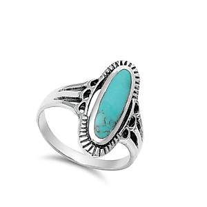 Women's Long Simulated Turquoise Beautiful Ring New .925 Sterling Silver Band Size 7