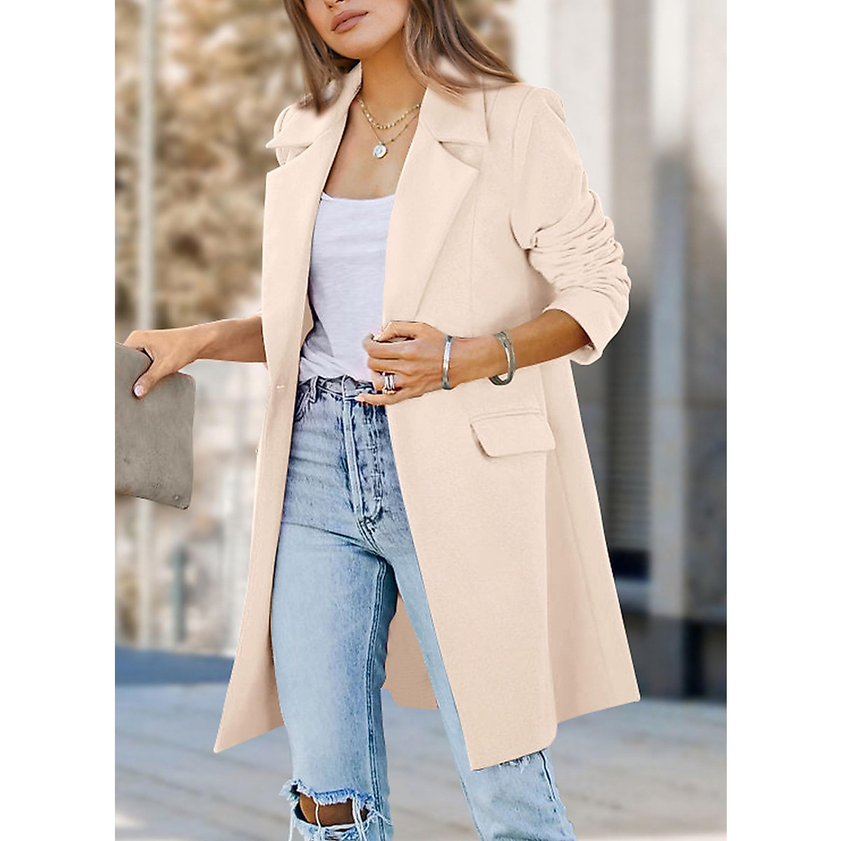PRETTYGARDEN Women's 2024 Fall Long Blazer Jackets Long Sleeve Lapel Pockets Loose Fit Work Casual Blazers Outerwear (Beige,Small)