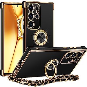 Miss Arts for Samsung Galaxy S22 Ultra Case, Ring Holder Stand Luxury Bling Electroplated Phone Case with Strap, Cute Soft TPU Samsung S22 Ultra Cover for Women Girls, Black