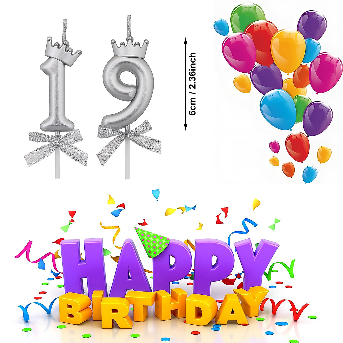 VSHILI 19 Birthday Candles, 19th Cake Candles, Silver Happy Birthday Number 19 Candles Cake Topper Decorations for Party Men Women