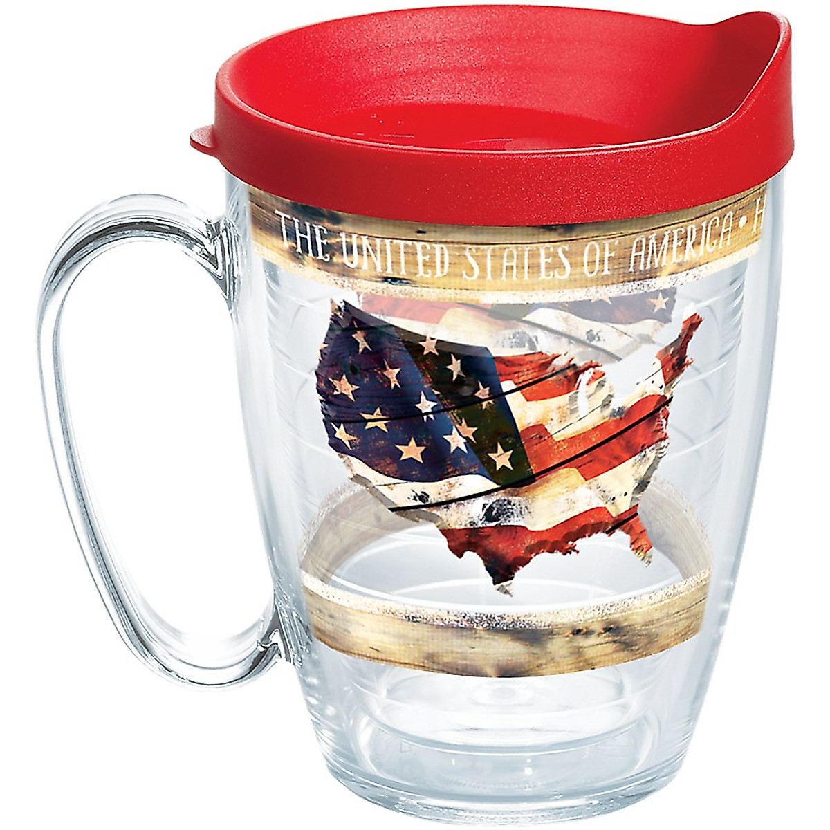 Tervis Woodgrain American Flag Insulated Tumbler with Wrap and Red Lid, 16 oz, Clear