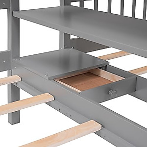 DEYOBED Full-Over-Twin-Twin Triple Bunk Bed with Large Wardrobe, Drawers and Shelves Storage, Wooden L-Shaped Bunk Beds with Mirror for Kids Teens Adults, Ideal Bedroom Furniture, Gray