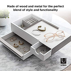 Umbra Stowit Jewelry Box-Modern Keepsake Storage Organizer with Hidden Compartment Drawers for Ring, Bracelet, Watch, Necklace, Earrings, and Accessories (White/Nickel)