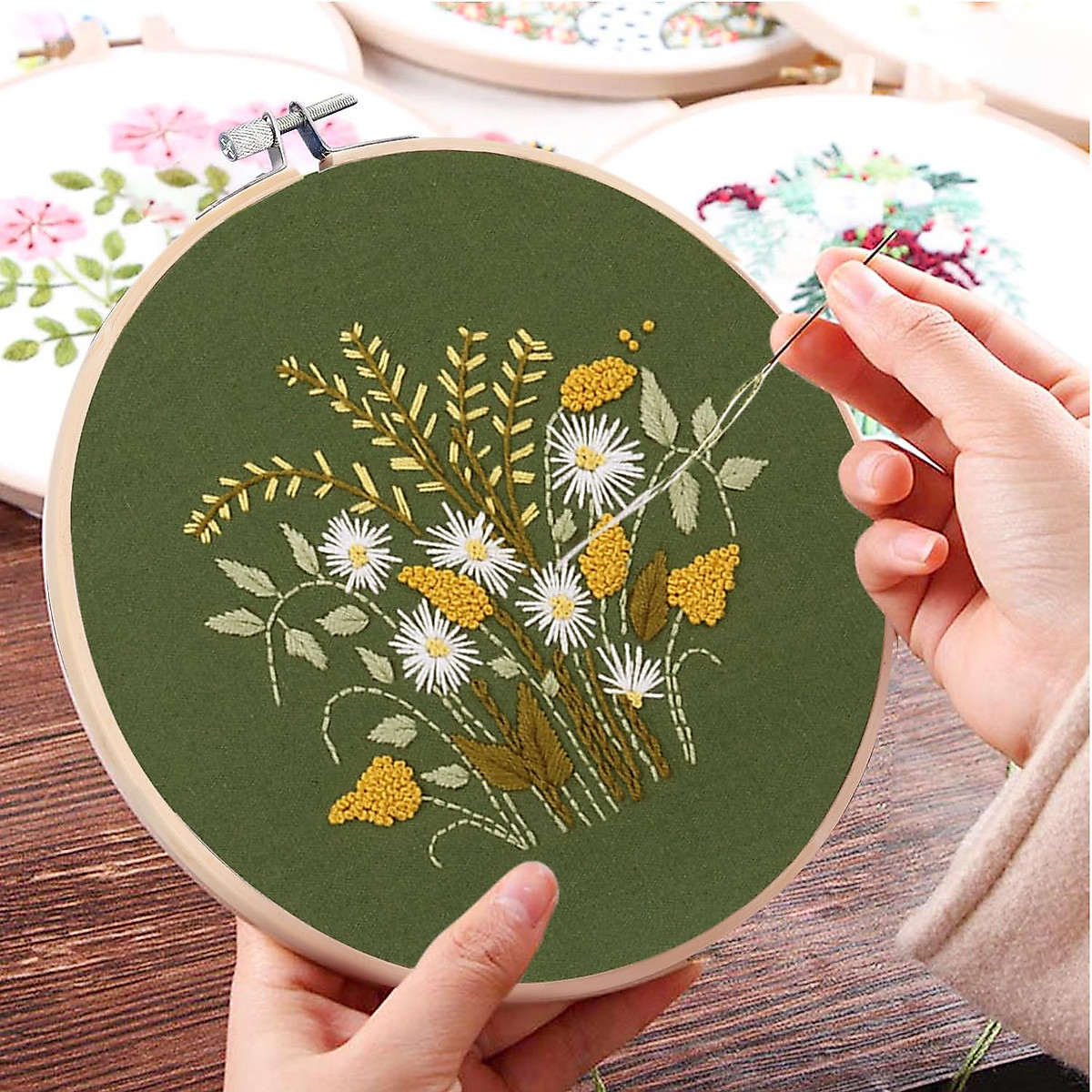 Mocoosy 3 Pack Embroidery Starter Kit for Beginners, Stamped Embroidery Kit with Pattern and Instructions, Cross Stitch Set Kids Adults Crafts Include 3 Embroidery Fabric, 3 Bamboo Hoops, Threads