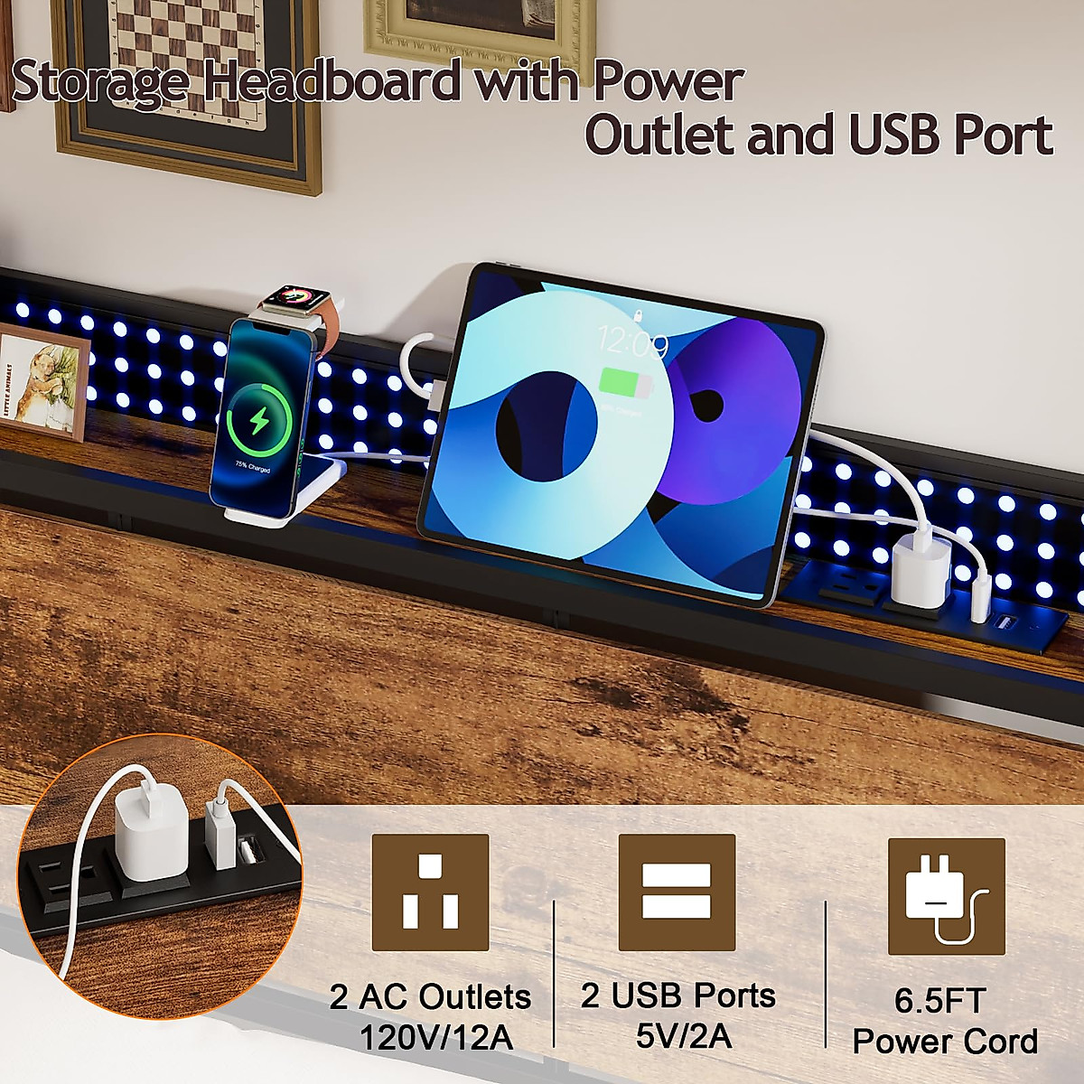 Furnulem Bed Frame Queen Size with Light,Industrial Storage Headboard with Power Outlet and USB Port,Wood Platform Queen Bed with Strong Metal Support,No Box Spring Needed,Silent