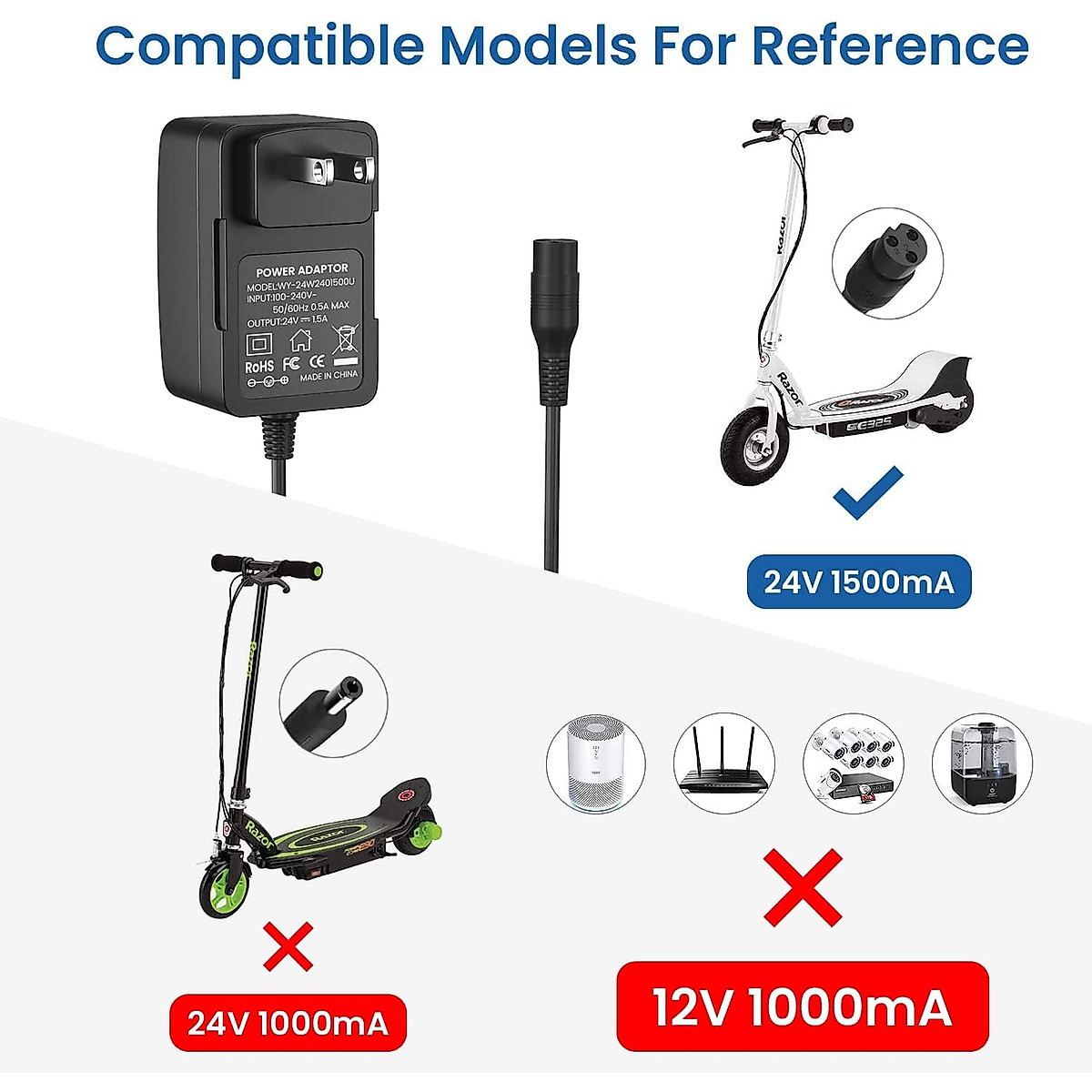 24 Volt 3-Prong for Razor Electric Scooter Charger, E100, E300, E200, E175, E300s, Rider 360, MX400, MX350, Dirt Quad, ZR350, PR200, Pocket Mod, Sports Mod, Go Kart, Replace for Part# W13112099014