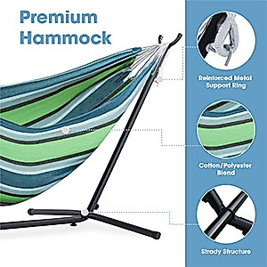 OUTDOOR WIND 550lbs Capacity Double Hammock Adjustable Hammock Bed with 10ft Heavy Duty Steel Stand Includes Portable Carrying Case, Easy Set up