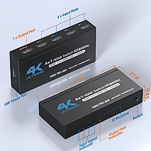 HDMI Switch 4K@60Hz, NerdEthos 4 Port HDMI 2.0 Switcher Selector 4 in 1 Out HDMI Switch Box with IR Remote Control, Supports 4K HDR10 HDCP 2.2 3D Dolby DST, for PS4 Xbox Fire Stick PC and More