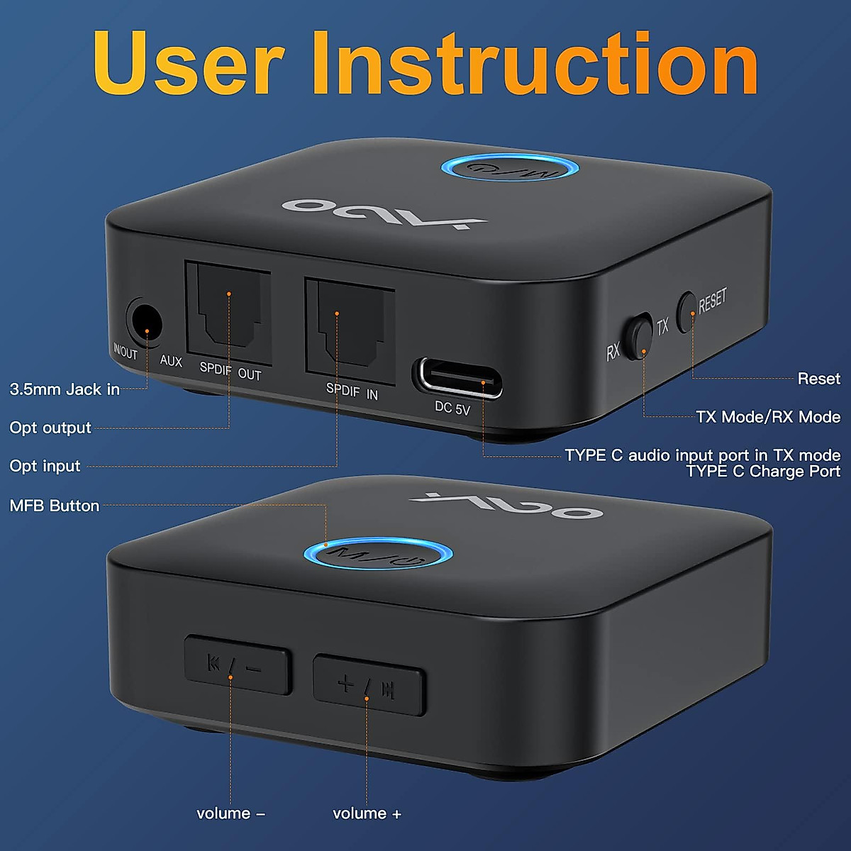 YMOO Optical Bluetooth 5.3 Transmitter Receiver for Speaker/TV/Bluetooth Headphones, 3.5mm Jack AUX Bluetooth Audio Adapter for Airplane, AptX Low Latency,130ft Range for Tablet/Smartphone,Dual Link