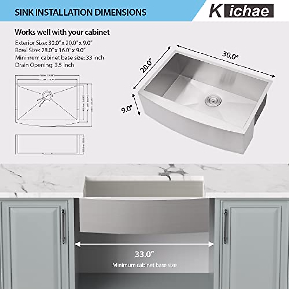 Kichae 30 Inch Farmhouse Apron Front Kitchen Sink Stainless Steel Single Bowl Kitchen Farm Sinks 30" Undermount Single Basin Farmer Sink