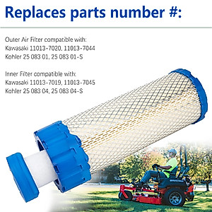 25 083 01-S 11013-7020 Outer Air Filter+25 083 04-S 11013-7019 Inner Filter Compatible with Kawasaki 11013-7044 11013-7045,Kohler 2508301 2508304,M131802 M131803 CH18-CH26 CV16-CV26 CH730-CH750