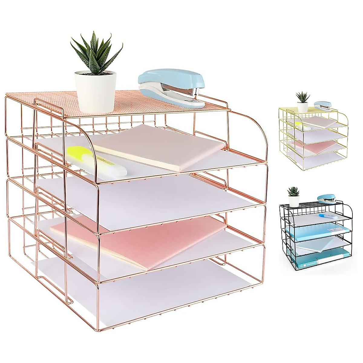 Spacrea Letter Tray, 4 Tier Rose Gold Desk Organizers and Accessories for Women, Stackable Paper Tray Organizer Desk File Organizer with 1 Upper Display Shelf (Rose Gold)