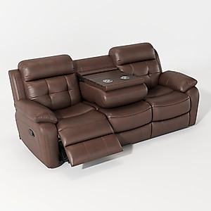 Prohon Genuine Leather Non-Power Reclining Sofa with Drop Down Table,Stainless Steel Cupholders and Magazine Bag, Home Theater Seating Power Rocker for Living Room, Brown