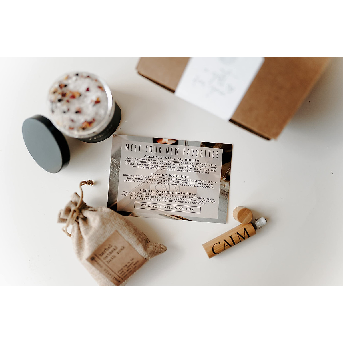 Relaxing Bath Gift Set For Women, Mothers Day Spa Gifts, Self Care Products For Women, Calm Essential Oil Roller, Oatmeal Lavender Bath Soak And Epsom Salts With Essential Oils, By Soulistic Root