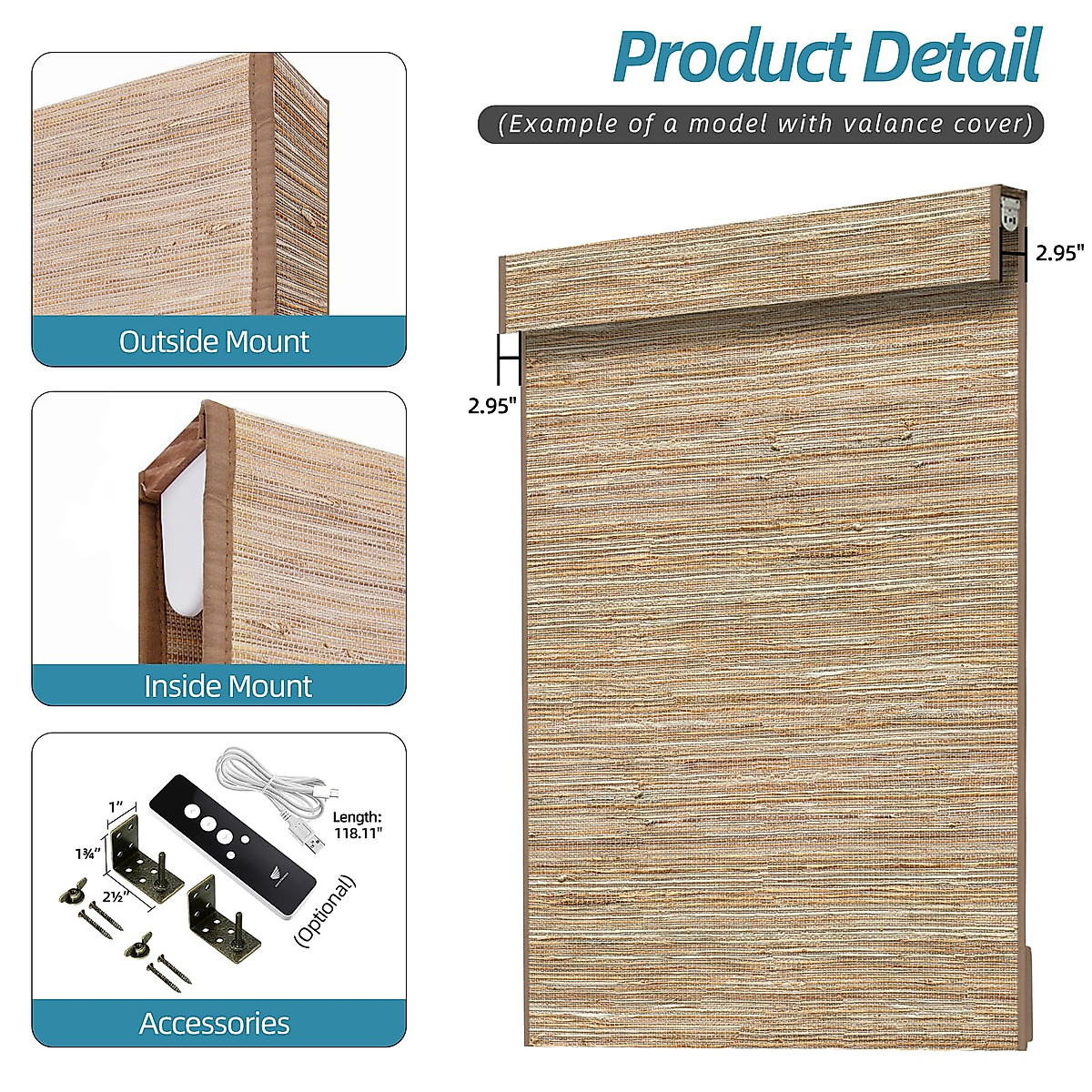 SmartWings Motorized Natural Woven Wood Blinds for Windows, Electric Auto Roman Shades with Remote for Sliding Doors, Compatitable with Alexa/Homekit/Google Home, Customized, Jute Linen-005