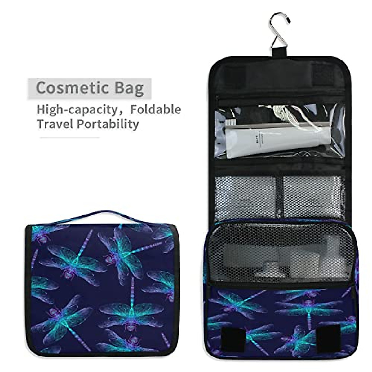 Omhonmi Hanging Toiletry Bag for Women Summer Dragonfly Pattern,Waterproof Makeup Pouch,Portable Cosmetic Bag,Travel Bag with Hanging Hook for Woman Man Travel Accessories