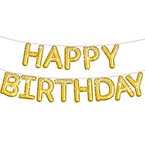 PartyWoo Happy Birthday Balloon Banner, 16 inch Gold Happy Birthday Sign, Mylar Foil Birthday Balloon, Inflatable Hanging Letter Kit for Gold Birthday Decorations