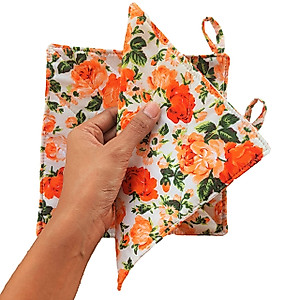 CUSHYSTORE Floral Blossom Garden Flower Pot Holder Oven Pads Potholders for Cooking Kitchen 7.75", 2 Pack (Orange)