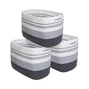Andhuhu Storage Basket Organizer 3 Packs, 15"X8"X9" Woven Basket with Handles, Blanket Basket Living Room, Towel Basket Cotton Rope Basket Storage Bins for Toys, Throws, Nursery Basket, Grey