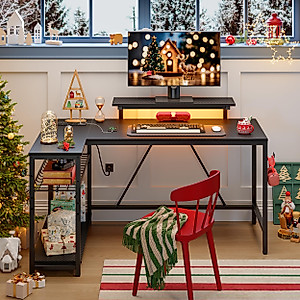 Bestier Small Gaming Desk with Power Outlets,42 L Shaped LED Computer Desk with Stand Reversible Shelves,Corner Gamer Desk with Headset Hooks USB Charging Port,Carbon Fiber Black