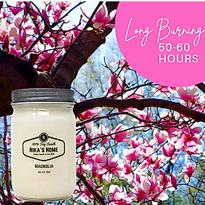Nika's Home Magnolia Soy Candle 12oz Mason Jar Non-Toxic White Soy Handmade, Long Burning 50-60 Hours Highly Scented All Natural, Clean Burning Large Candle Gift Décor